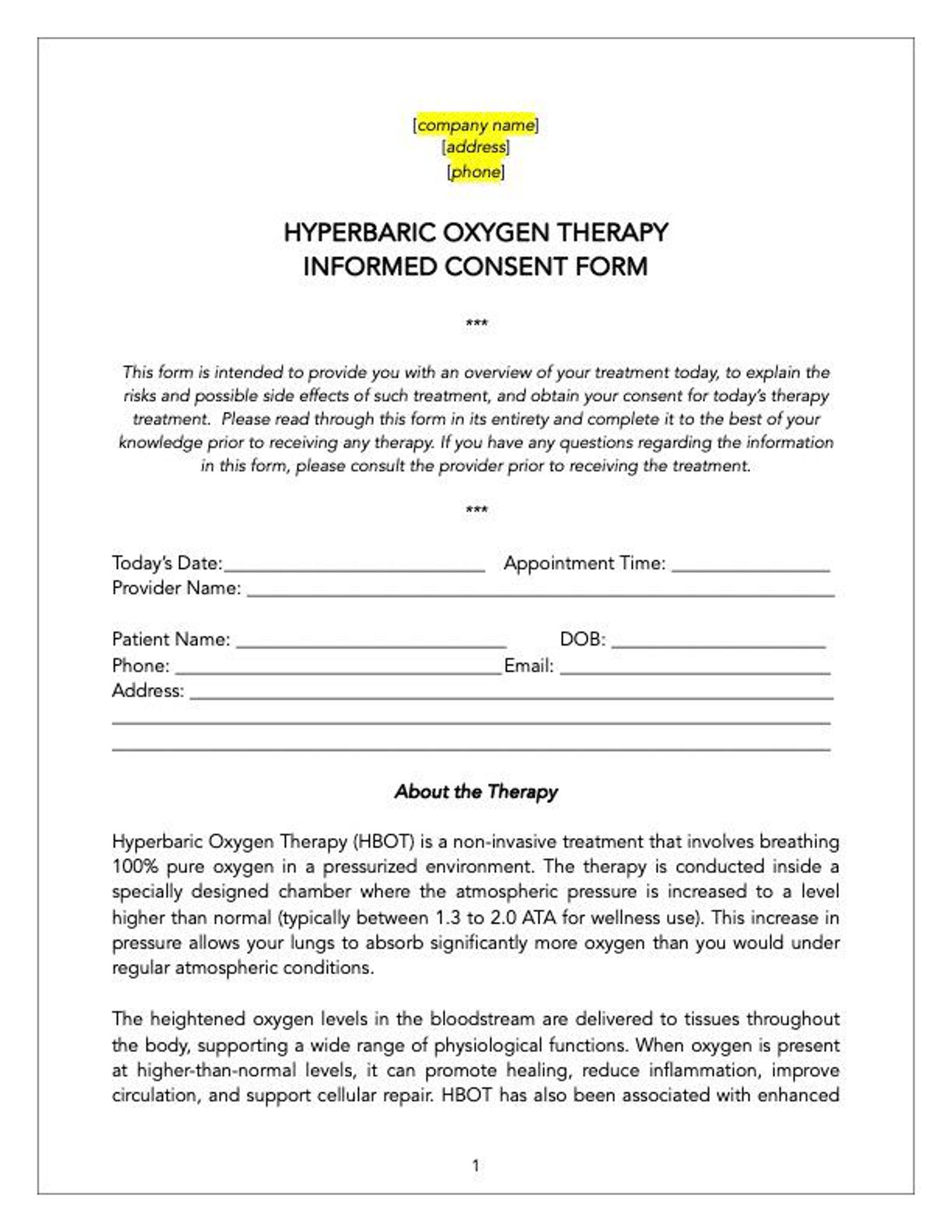 Hyperbaric Oxygen Therapy Consent Form HBOT Informed Consent Template ...