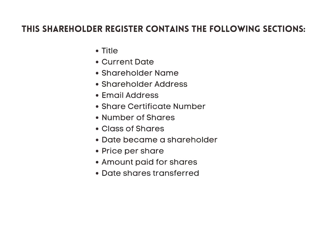 Corporate Shareholder Register, List of Shareholders Corporation ...