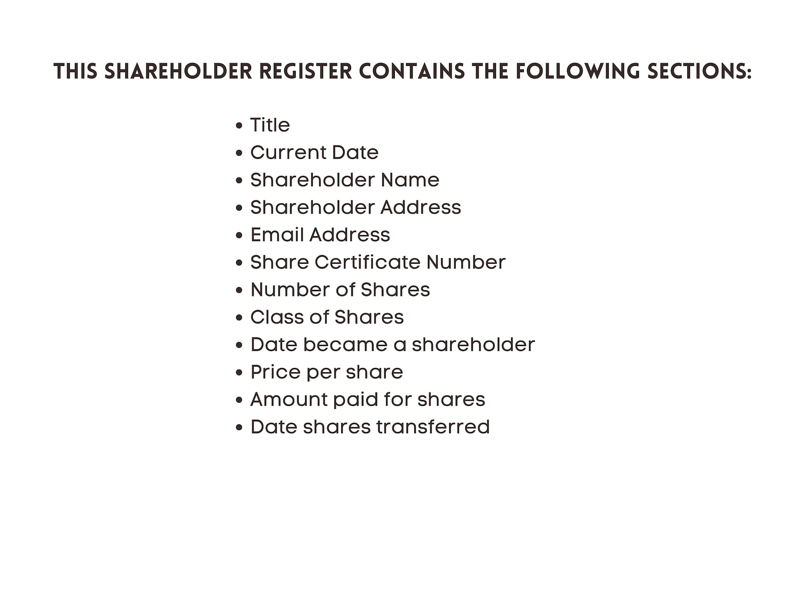 Corporate Shareholder Register, List of Shareholders Corporation ...