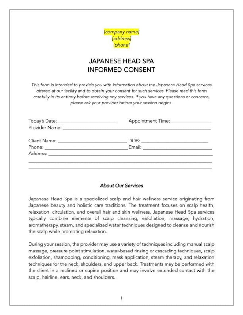 Japanese Head Spa Consent Form Template | Head Spa Disclaimer & Waiver ...