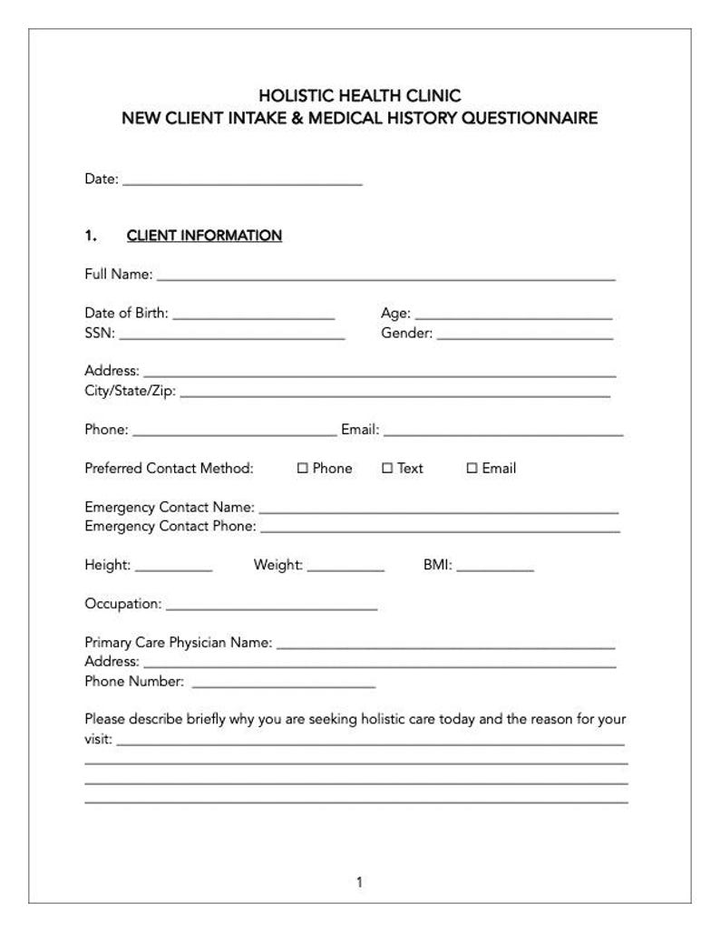 Holistic Health New Client Intake Questionnaire Template Holistic ...