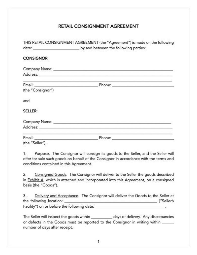 Consignment Contract Template Retail Product Consignment Agreement ...
