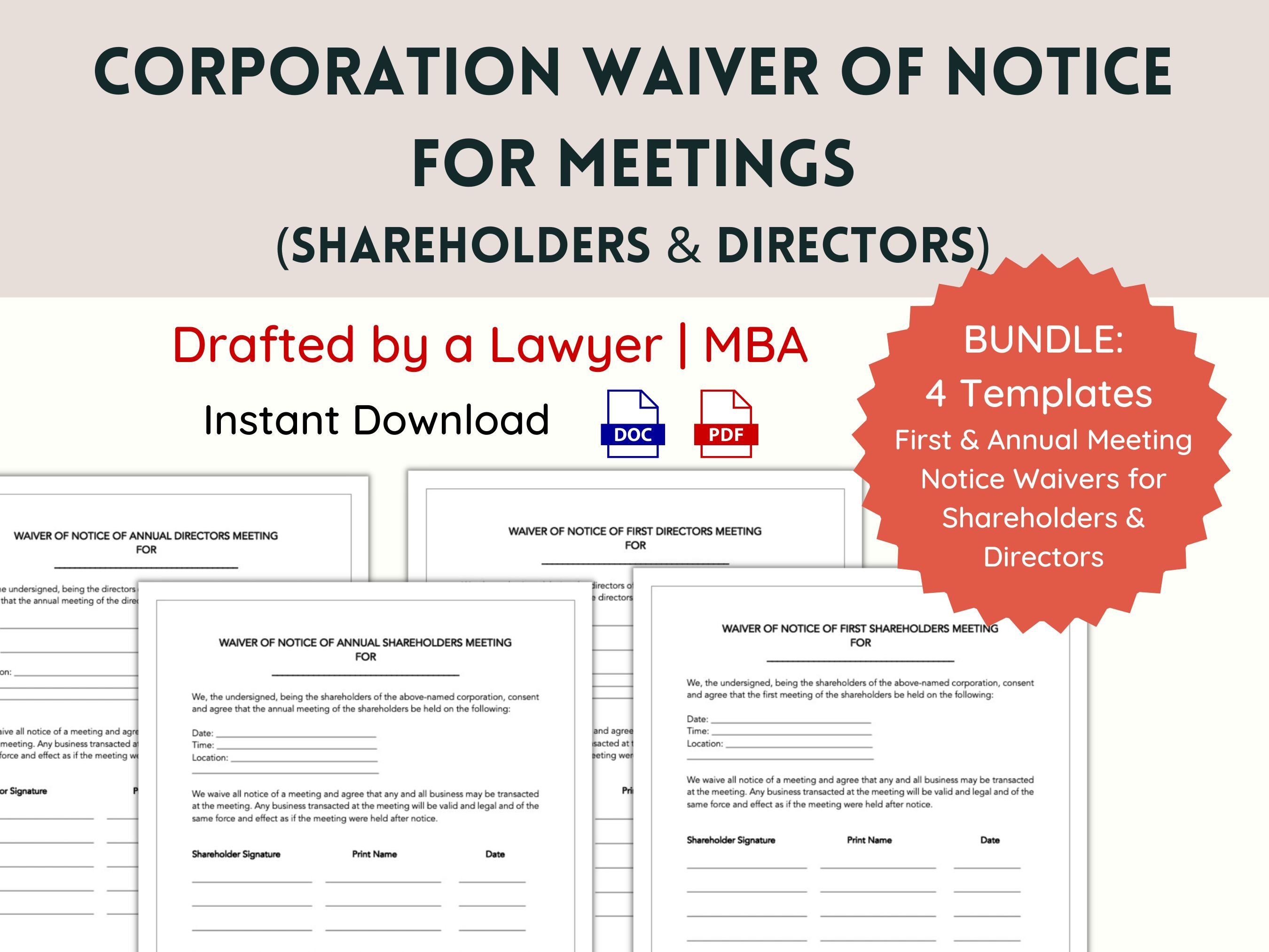 Waiver of Notice of Meeting Shareholders & Directors | Corporation ...