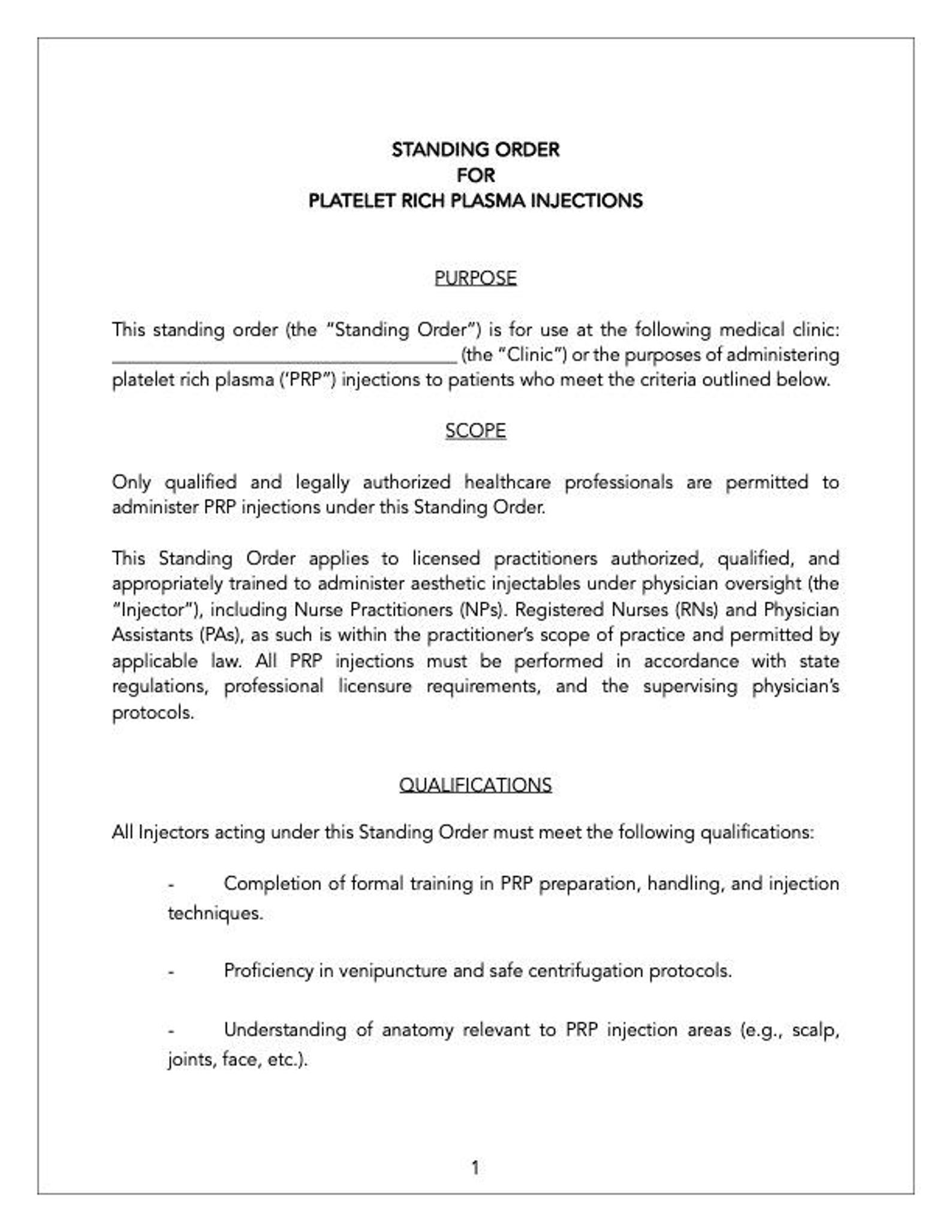 PRP Standing Order Template Platelet Rich Plasma SOP Medical Spa ...