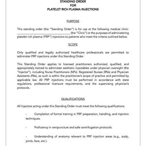 PRP Standing Order Template Platelet Rich Plasma SOP Medical Spa ...