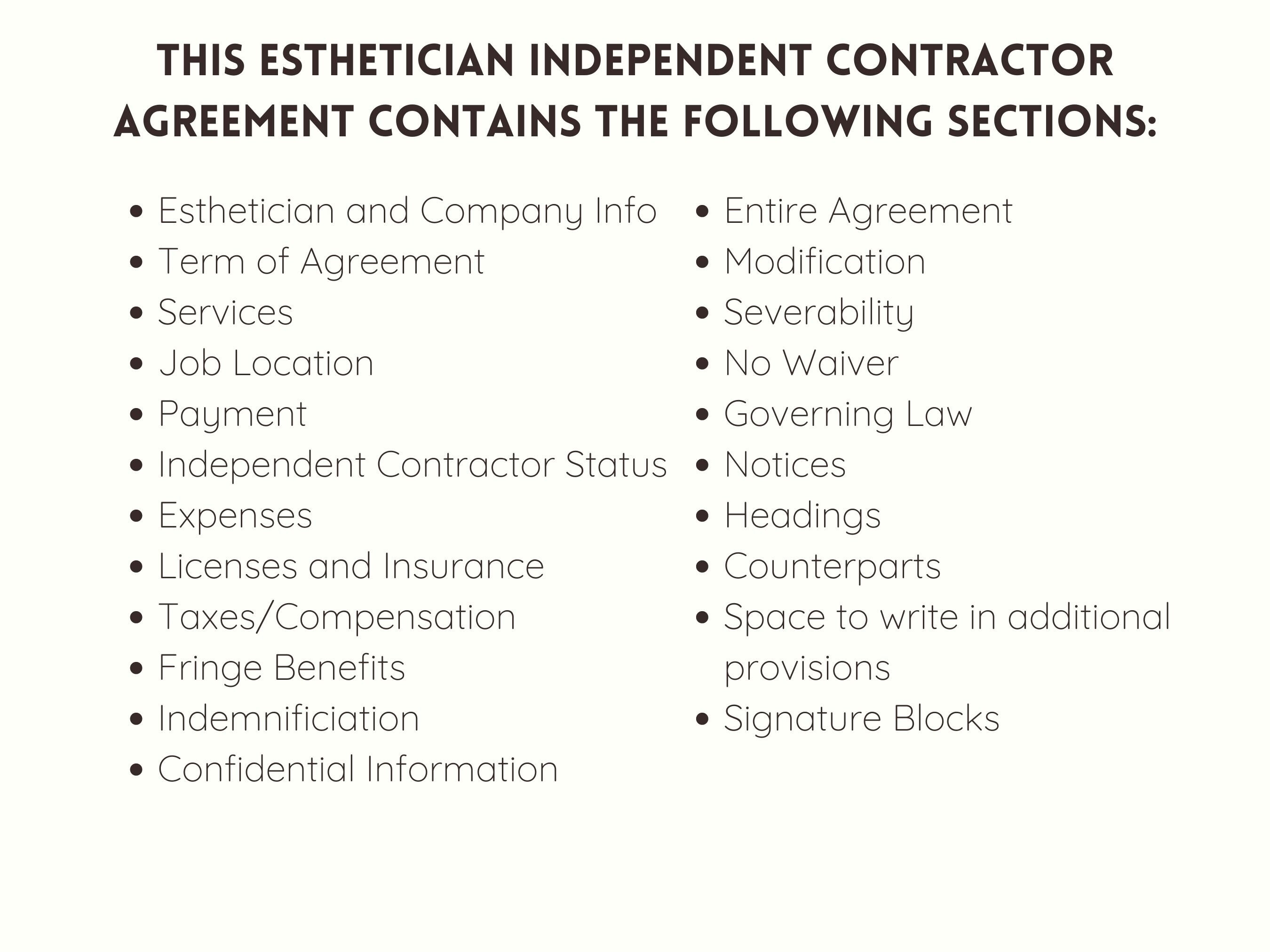 Esthetician Contract, Esthetician Independent Contractor Agreement 1099 ...
