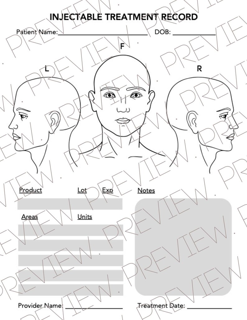 Injectable Treatment Record Form, Botox Treatment Form, Filler ...