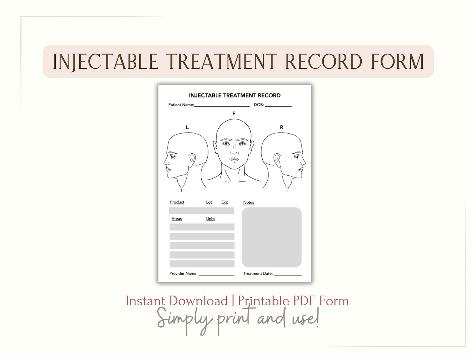 Injectable Treatment Record Form, Botox Treatment Form, Filler ...