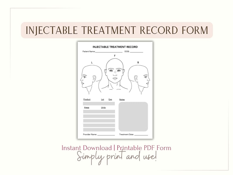 Injectable Treatment Record Form, Botox Treatment Form, Filler ...