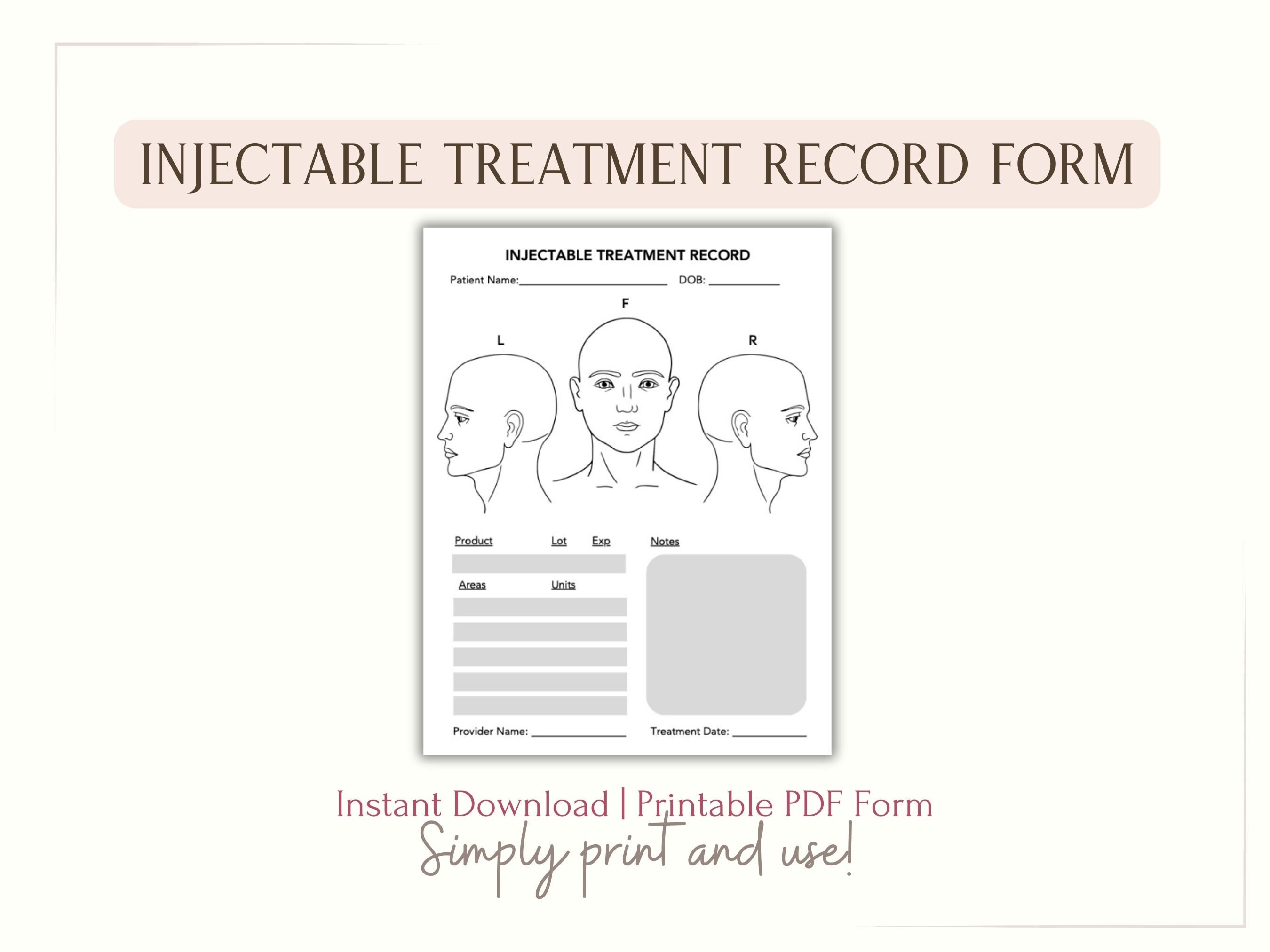 Injectable Treatment Record Form, Botox Treatment Form, Filler ...