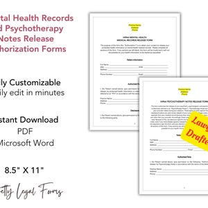 Mental Health Records Release Form HIPAA Medical Records Authorization ...