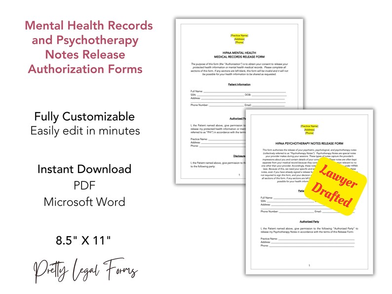Mental Health Records Release Form HIPAA Medical Records Authorization ...