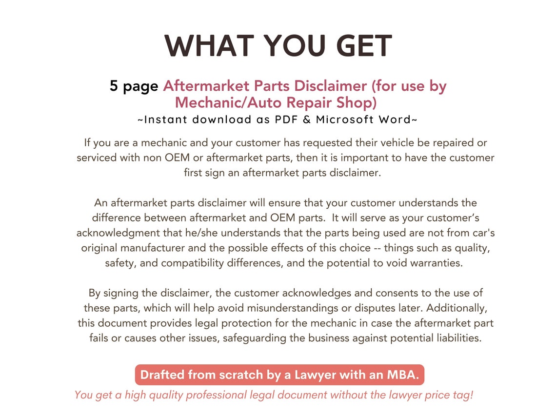 Aftermarket Parts Disclaimer Template, Mechanic Parts Disclaimer Form ...