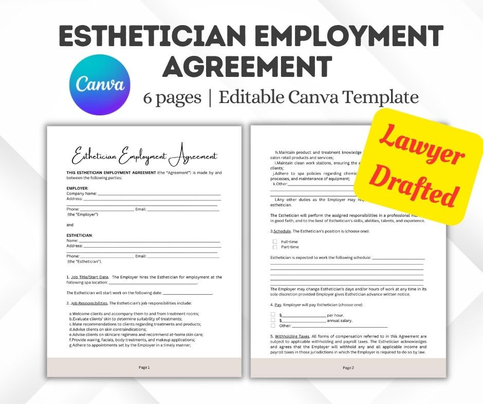 Esthetician Employment Agreement CANVA Template Editable Esthetician ...