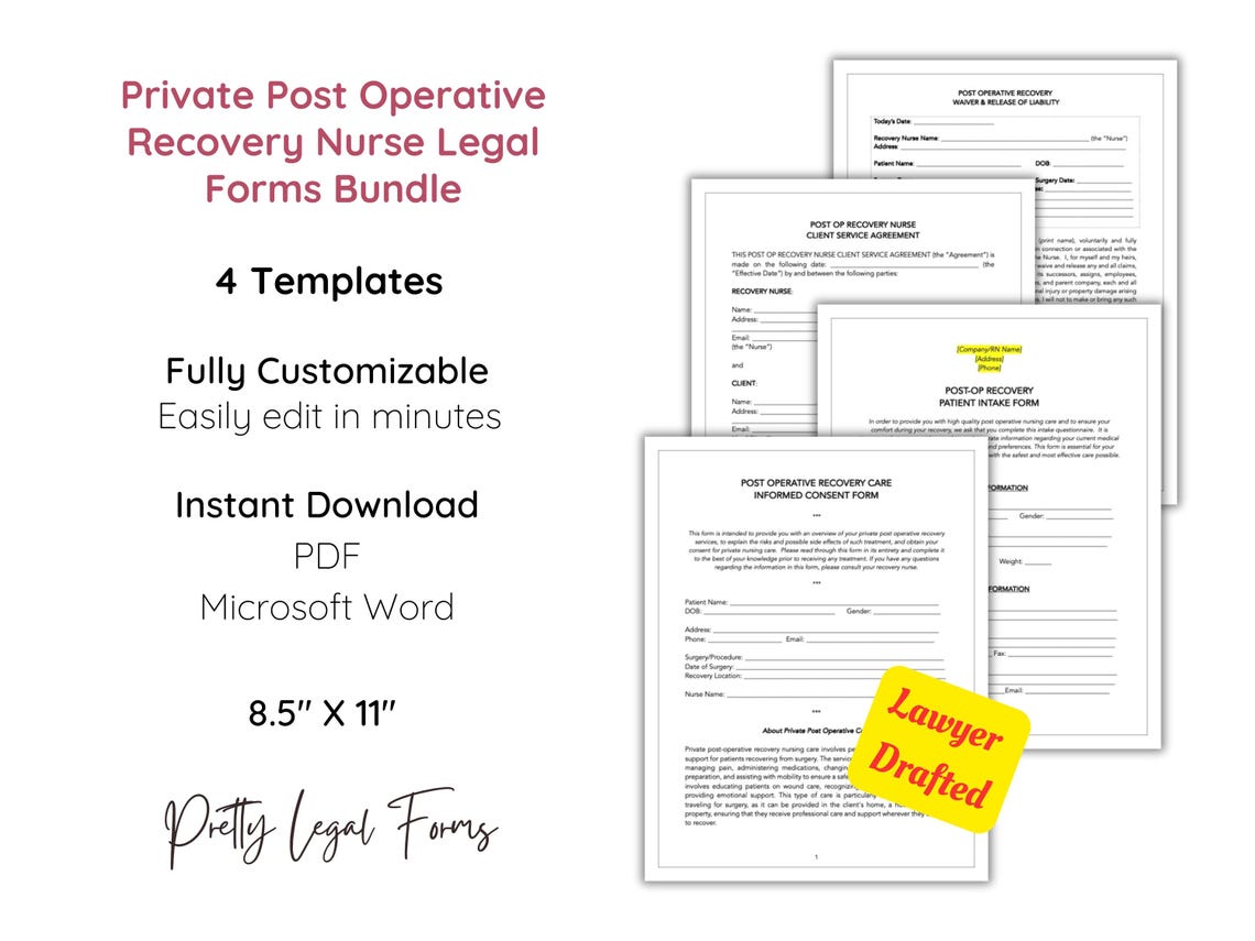 Post Op Recovery Nurse Legal Forms Bundle Post Surgery RN Contract Home ...