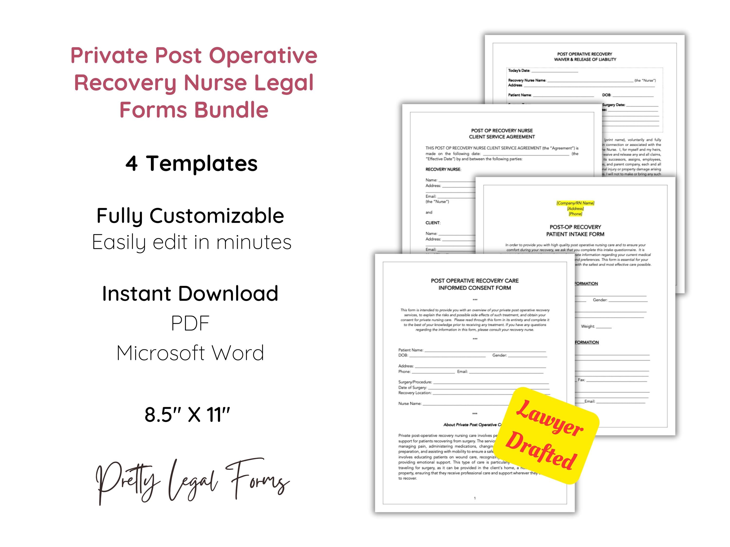 Post Op Recovery Nurse Legal Forms Bundle Post Surgery RN Contract Home ...