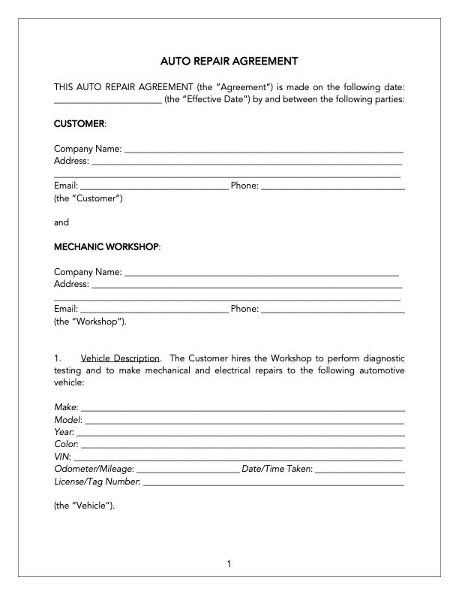 Auto Repair Contract, Mechanic Work Agreement, Car Maintenance Service ...