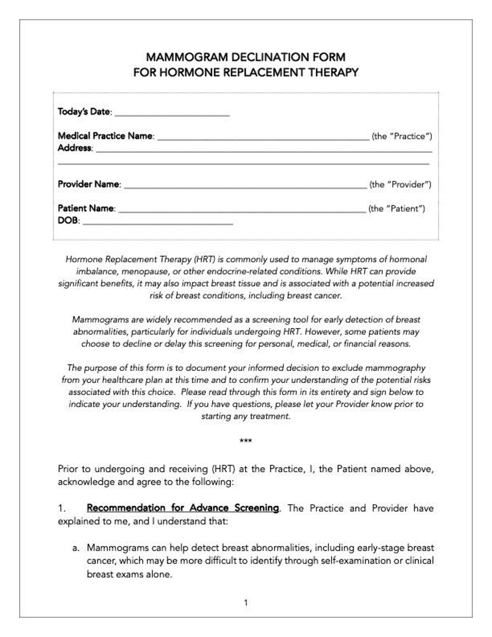 Mammogram Declination Form for HRT Mammogram Waiver and Release of ...