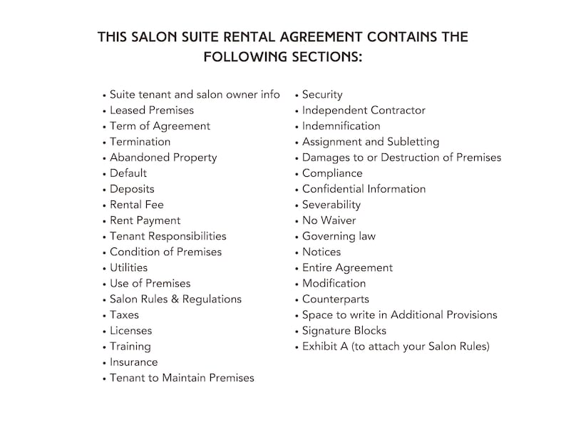 Salon Suite Lease Agreement Salon Booth Rental Contract Beauty Room Rental Hair Stylist Chair ...