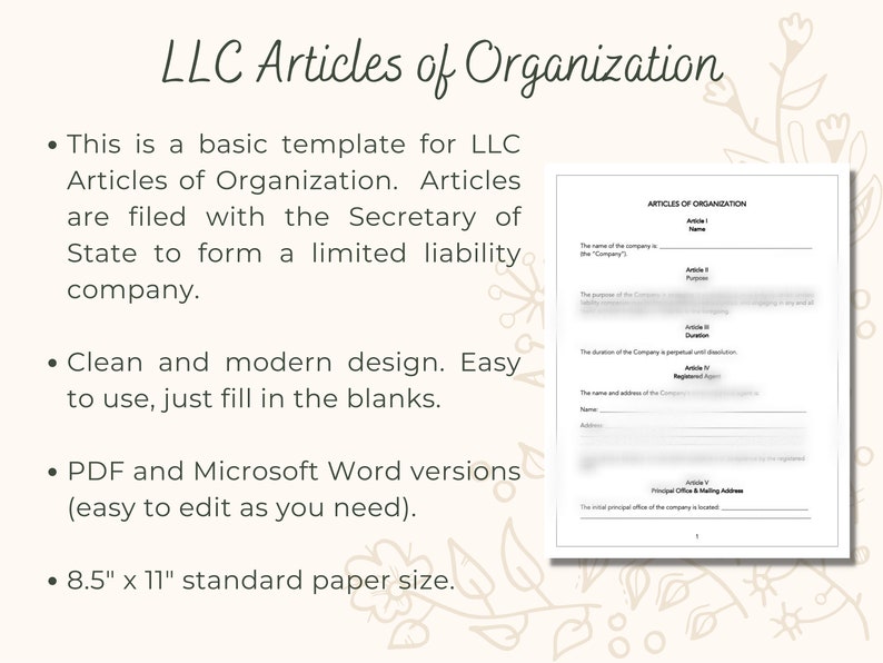 LLC Articles of Organization Template, Limited Liability Company ...