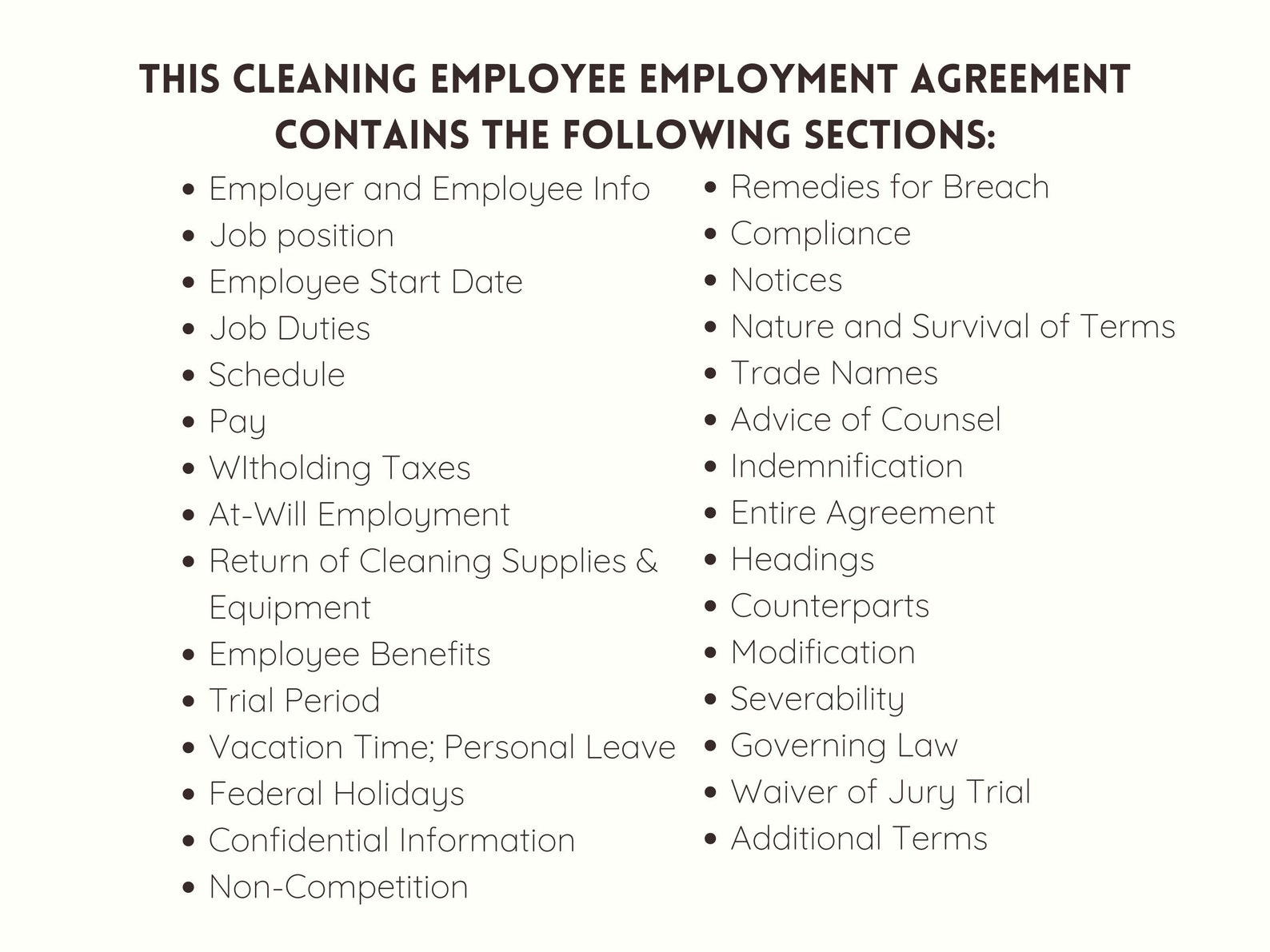 Cleaning Employee Contract, Cleaner Employment Agreement, Cleaning ...