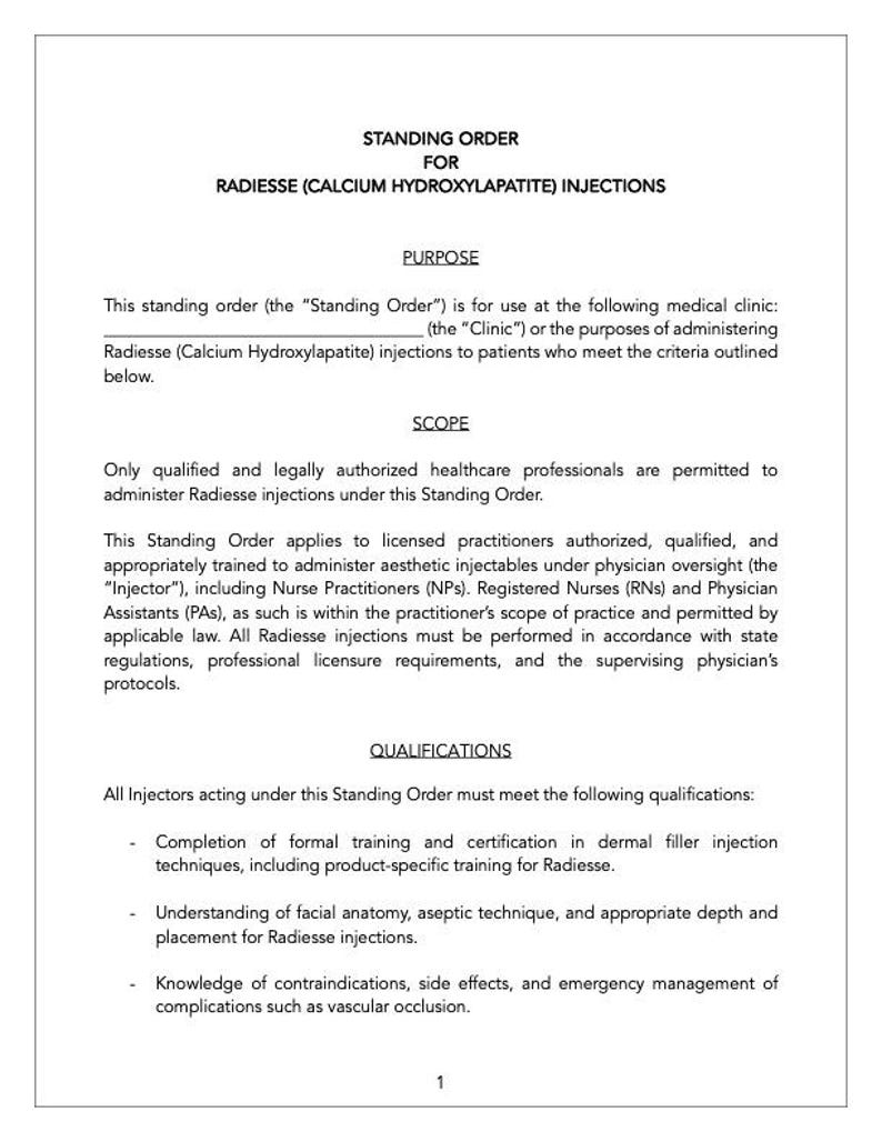 Radiesse Standing Order Template Radiesse Injection Protocol Medical ...