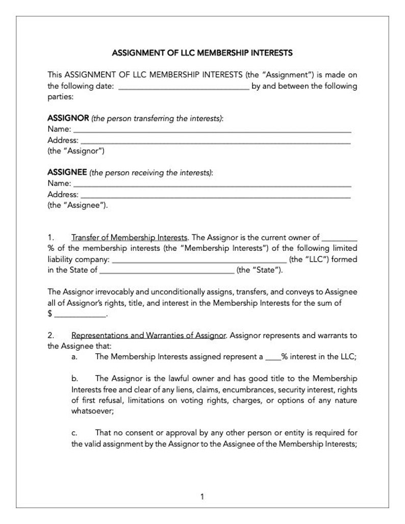 LLC Membership Transfer Form, LLC Membership Assignment, LLC Share ...