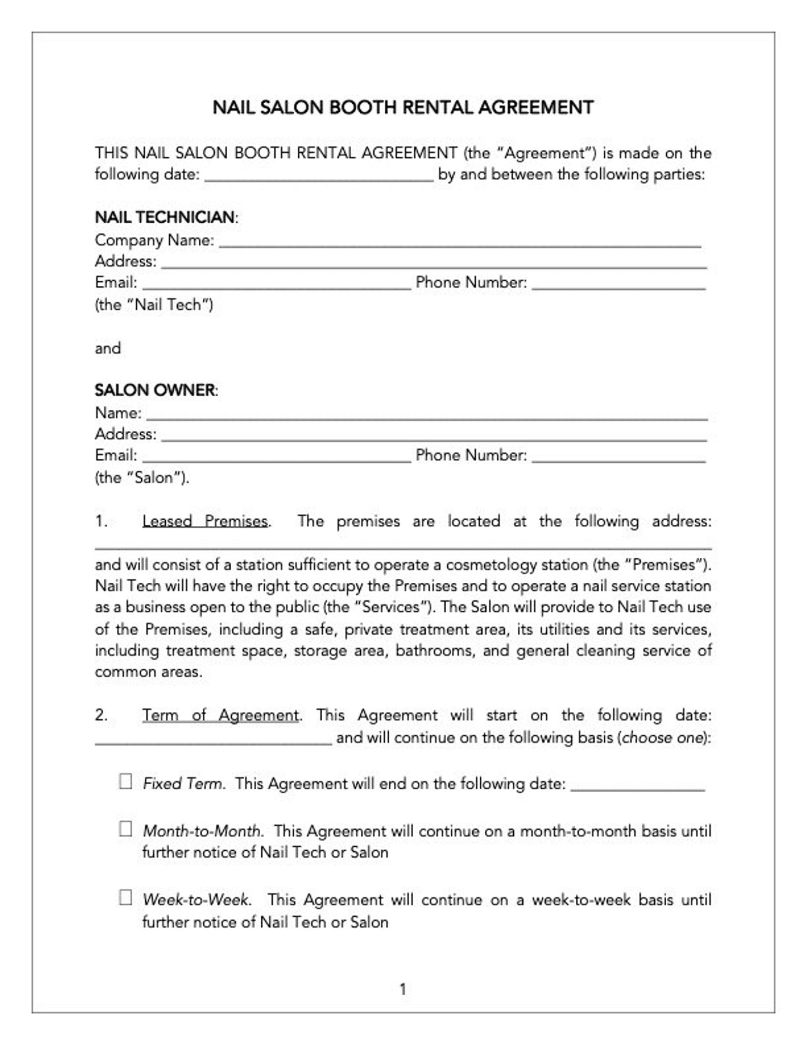 Nail Booth Rental Agreement, Nail Tech Rental Agreement, Nail Salon ...