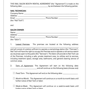 Nail Booth Rental Agreement, Nail Tech Rental Agreement, Nail Salon ...