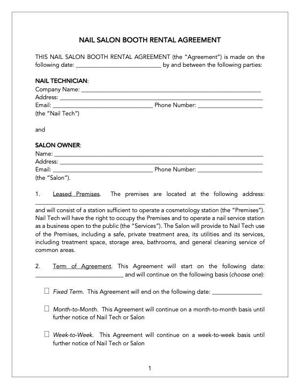 Nail Booth Rental Agreement, Nail Tech Rental Agreement, Nail Salon ...