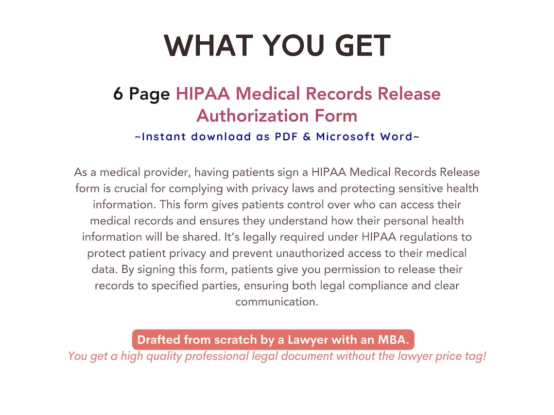 HIPAA Medical Records Release Form HIPAA Patient Consent Authorization ...