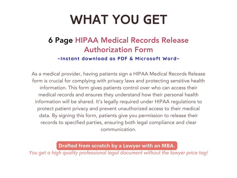 HIPAA Medical Records Release Form HIPAA Patient Consent Authorization ...