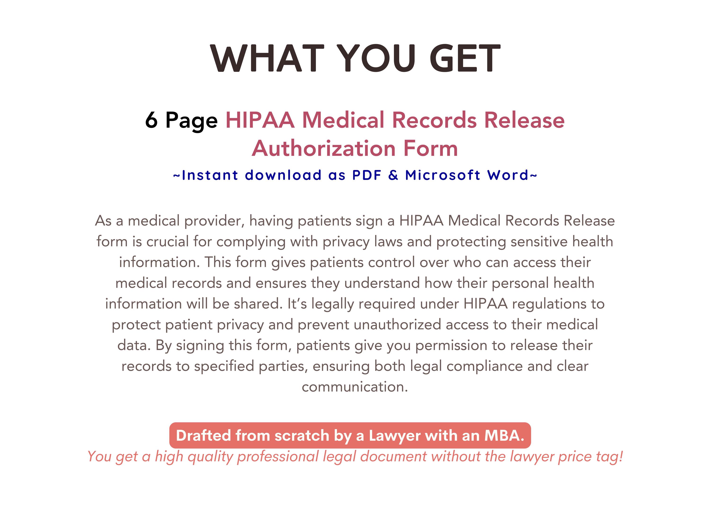 HIPAA Medical Records Release Form HIPAA Patient Consent Authorization ...
