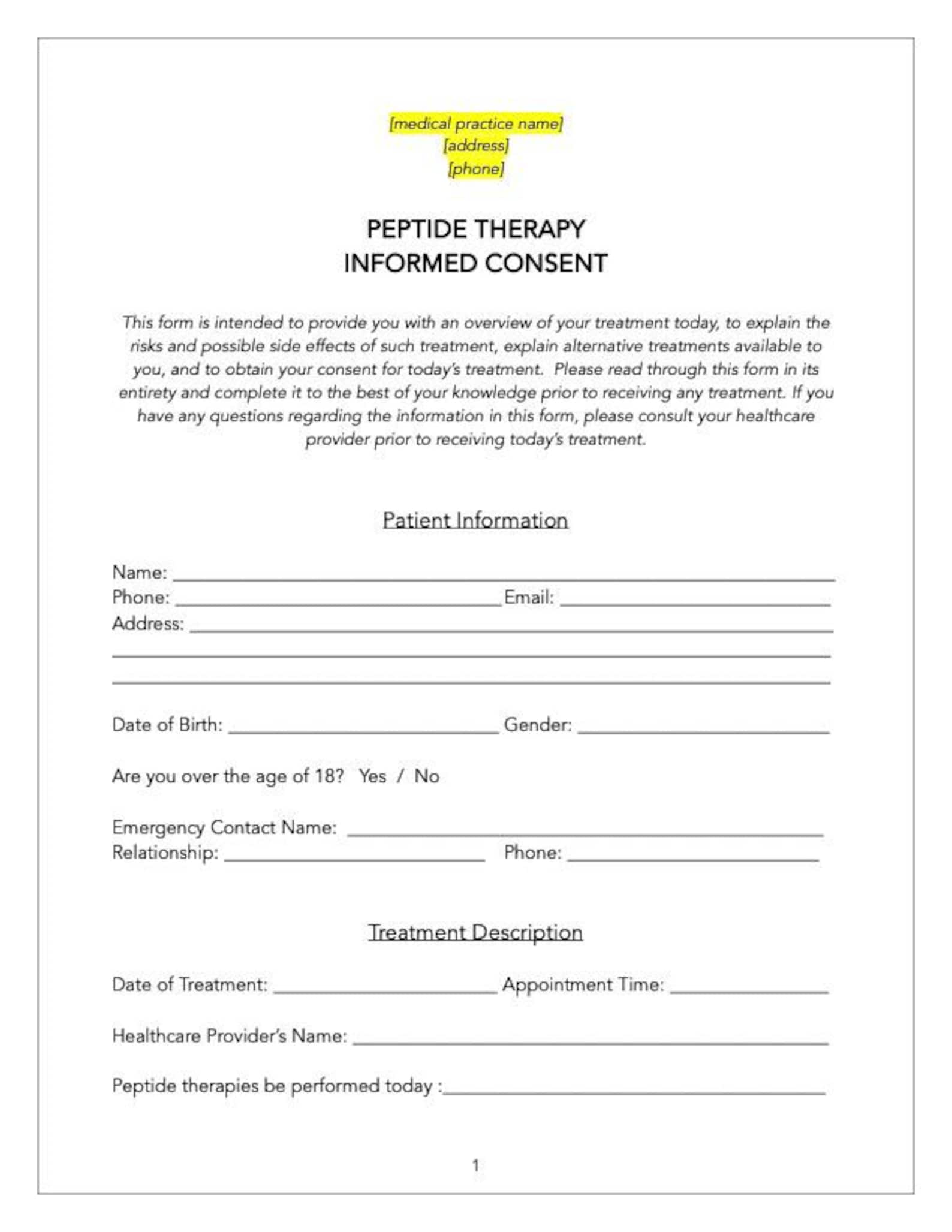 Peptide Therapy Consent Form Peptide Injection Informed Consent ...