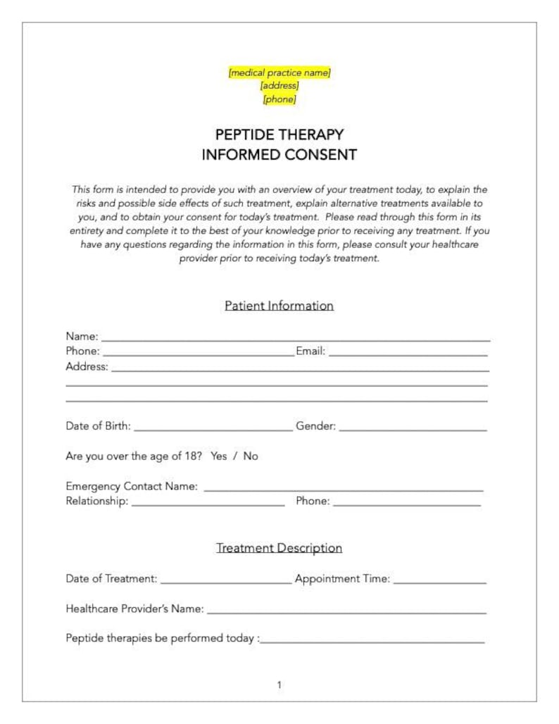 Peptide Therapy Consent Form Peptide Injection Informed Consent ...