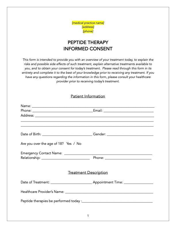 Peptide Therapy Consent Form Peptide Injection Informed Consent ...