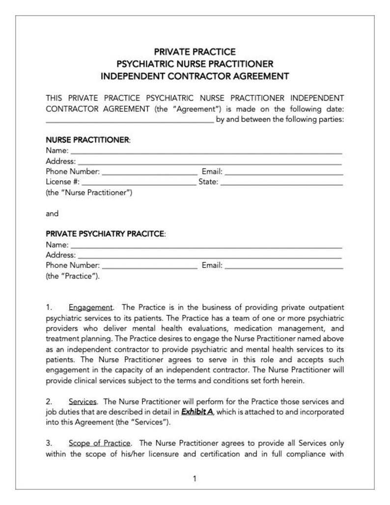 Psychiatric Nurse Practitioner Independent Contractor Agreement Private ...