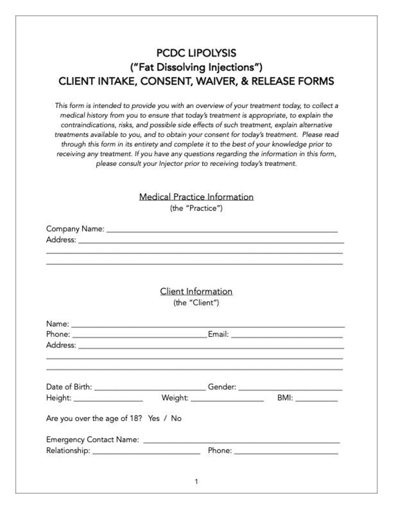 Fat Dissolving Shots Client Intake Forms PCDC Lipolysis Injections ...