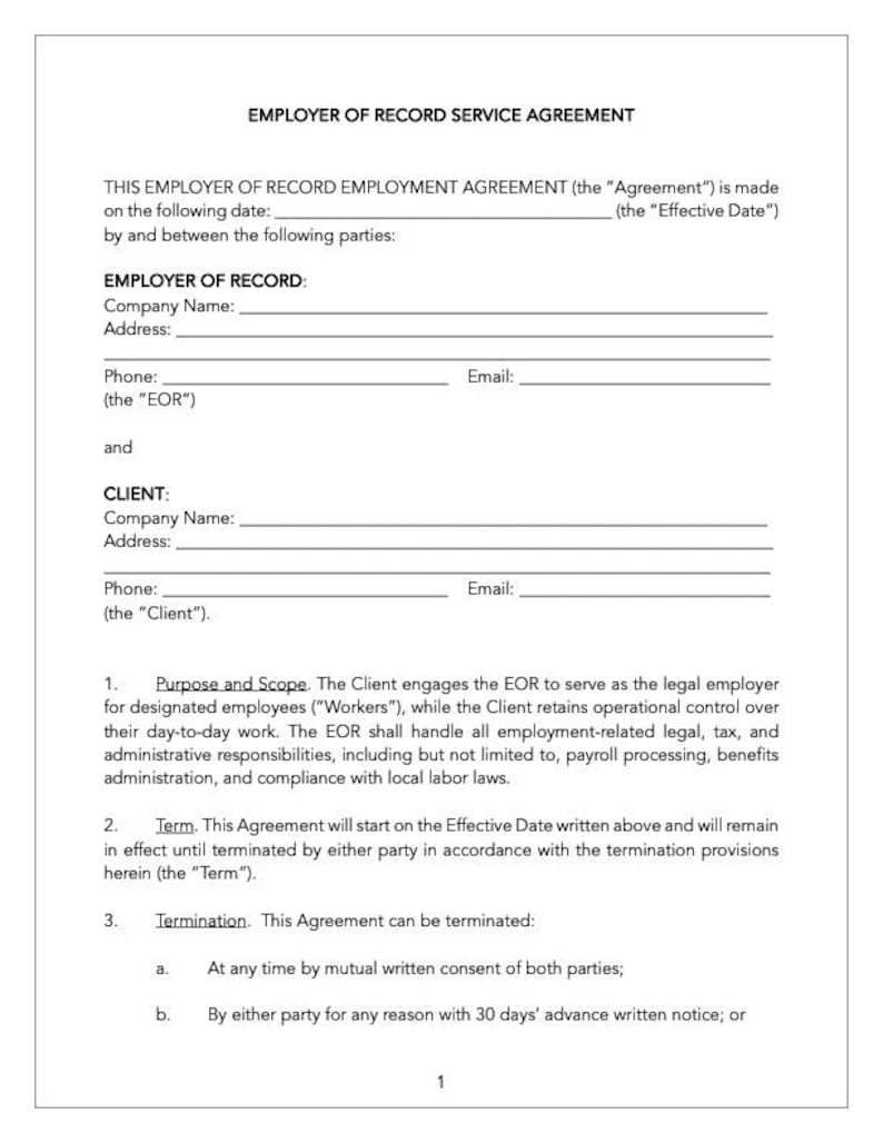 EOR Client Service Agreement Employer of Record Service Contract ...