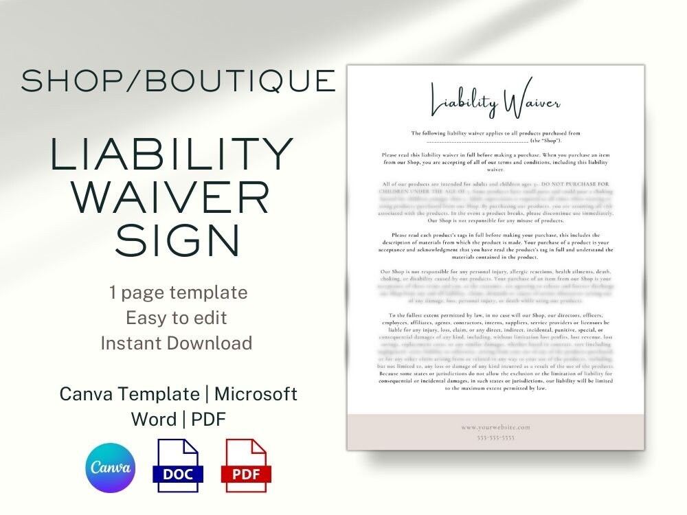 Shop Liability Waiver Store Sign CANVA Template, Boutique Liability ...