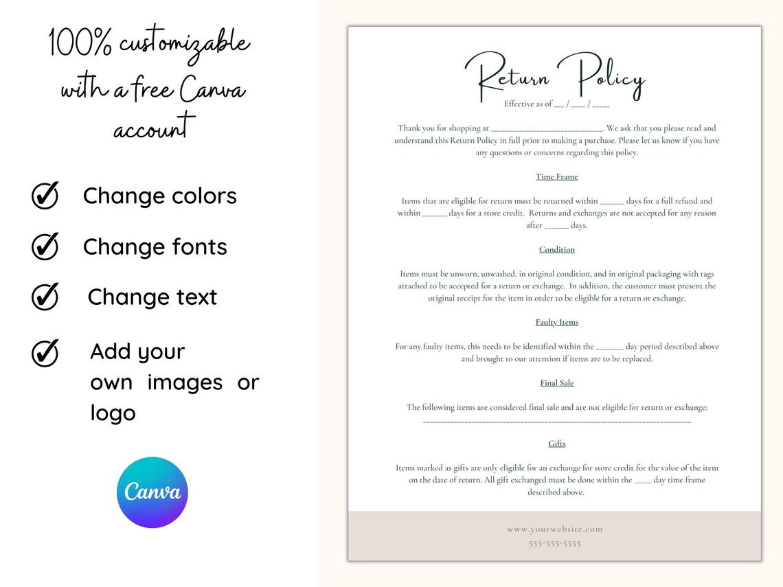 Return Policy Shop Sign CANVA Template, Boutique Return Policy Sign ...