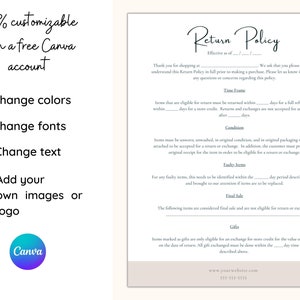 Return Policy Shop Sign CANVA Template, Boutique Return Policy Sign ...