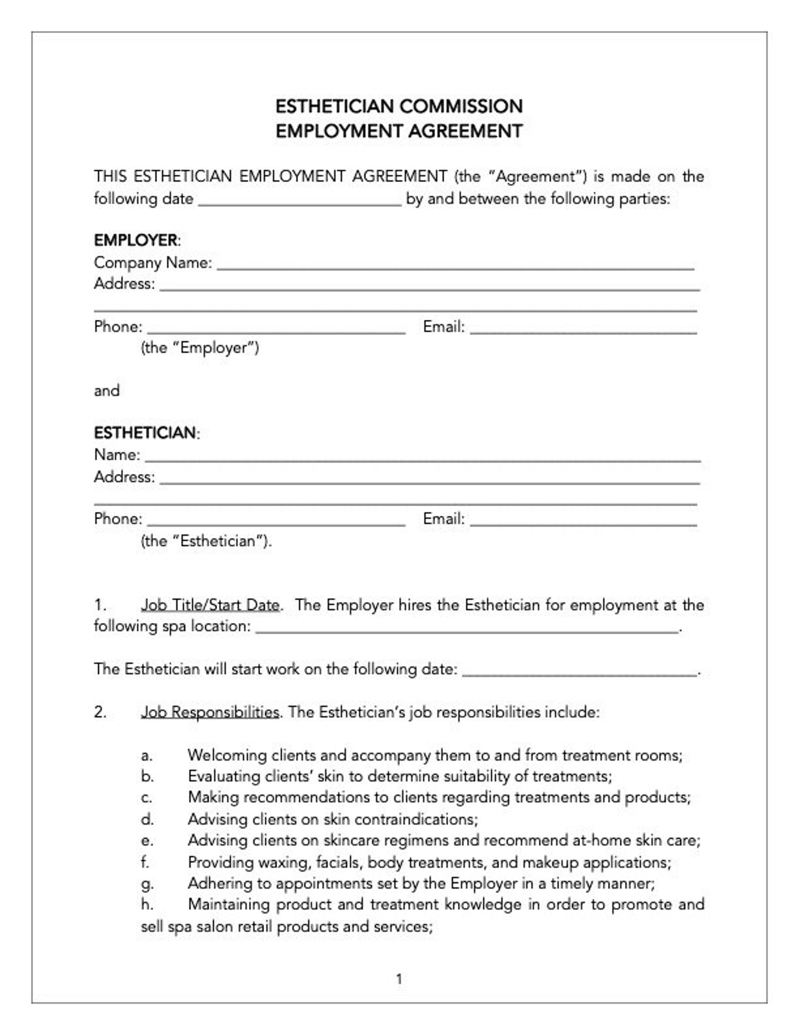 Esthetician Commission Agreement Aesthetician Employee Commission ...