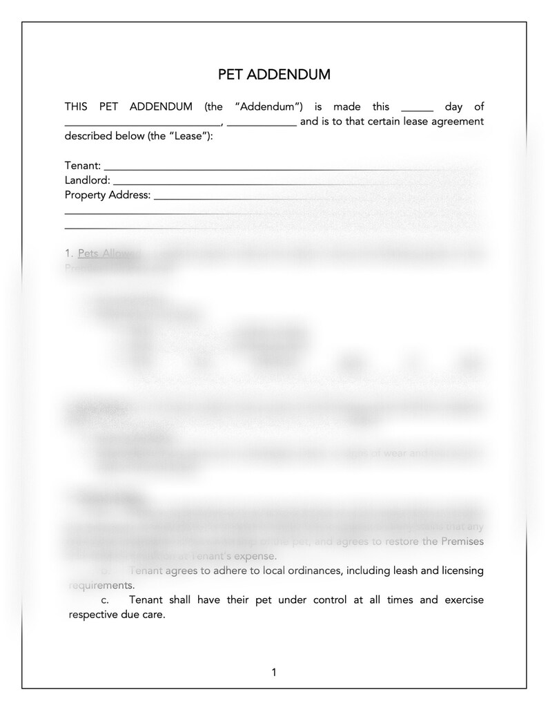 Pet Addendum to Residential Lease | Residential Lease Forms for Tenants ...