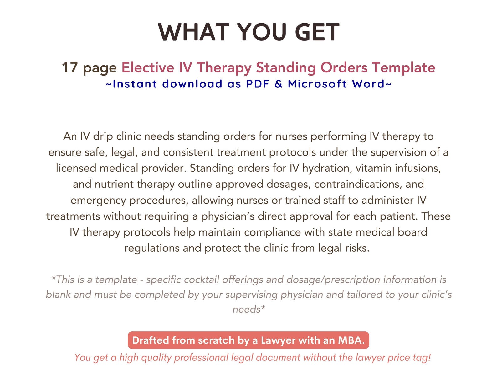 Elective IV Therapy Standing Order Template IV Infusion Protocol IV Drip Clinic Business Forms ...