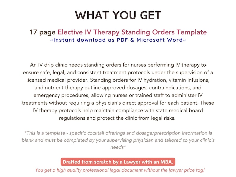 Elective IV Therapy Standing Order Template IV Infusion Protocol IV Drip Clinic Business Forms ...
