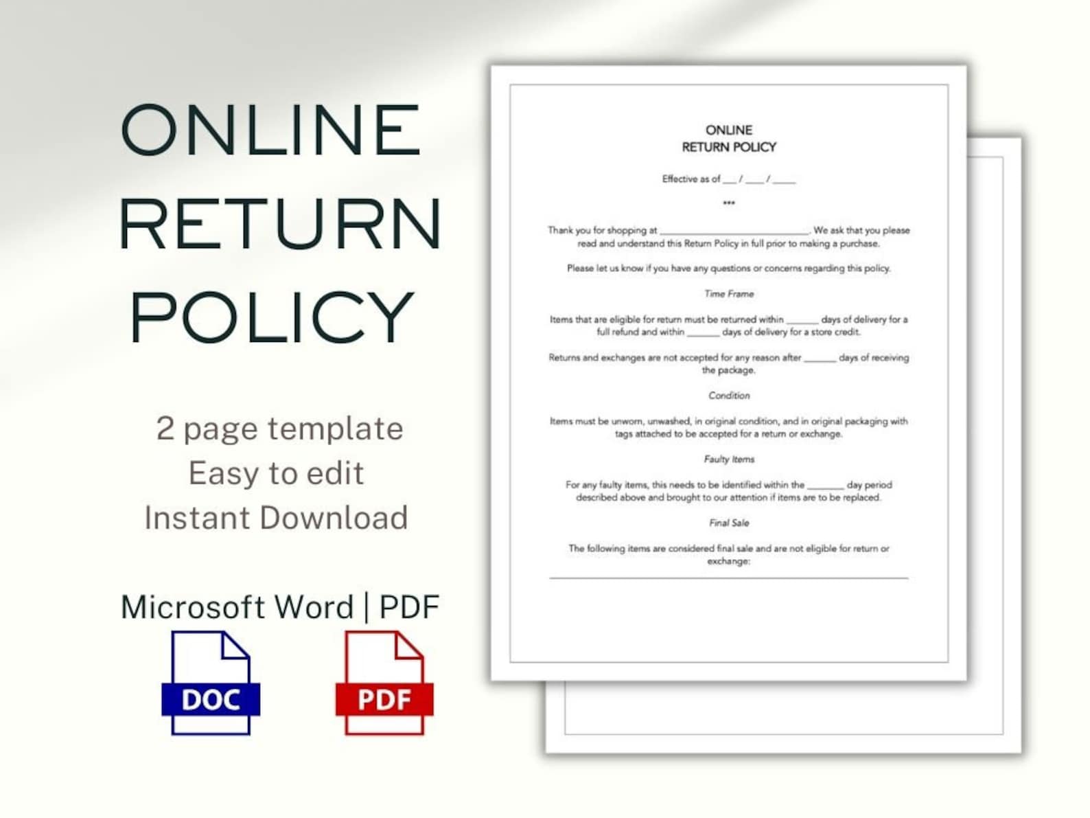 Online Return Policy Template Return and Refund Policy for - Etsy