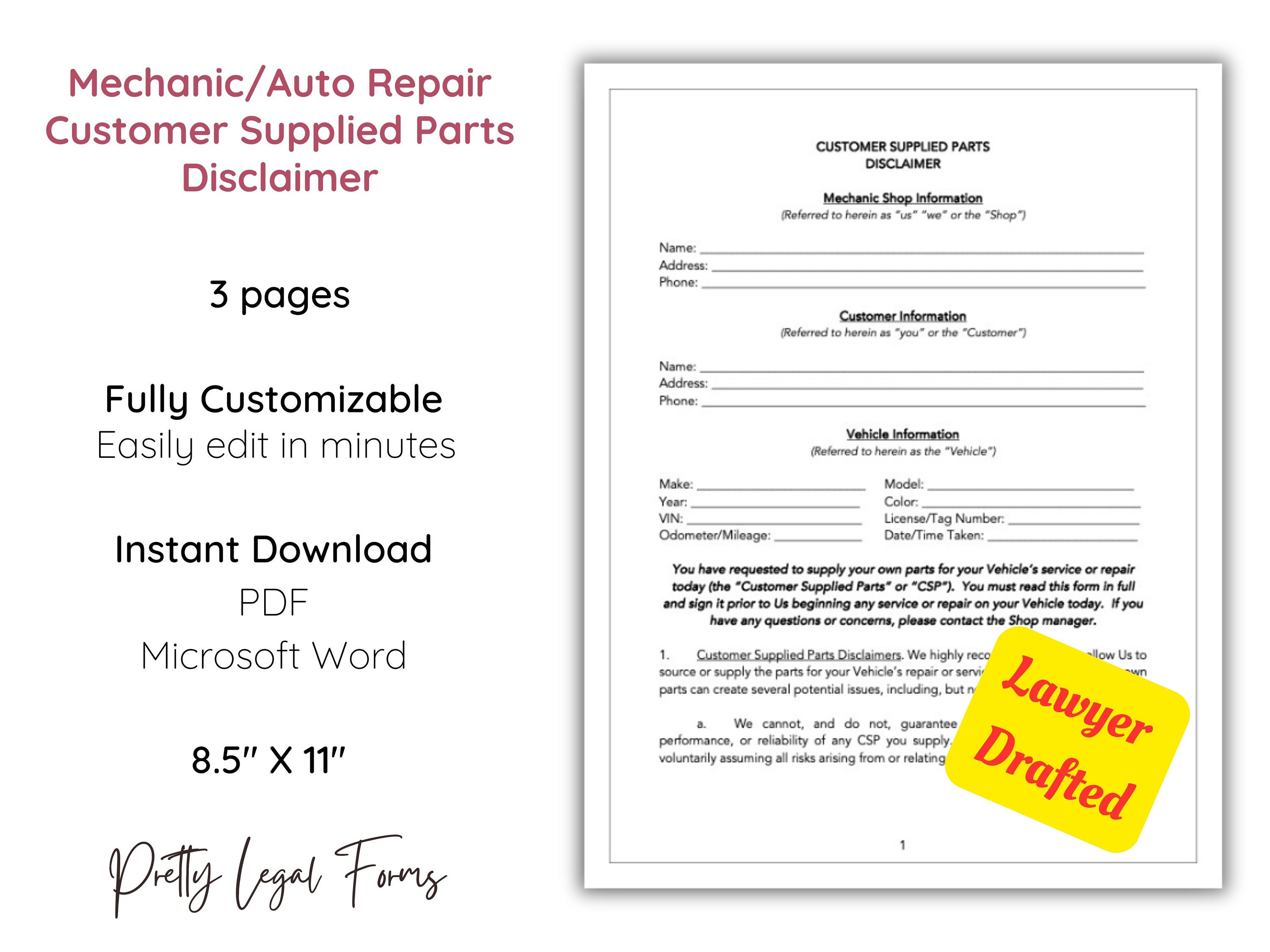 Customer Supplied Parts Disclaimer Template, Mechanic Waiver Form, Auto ...