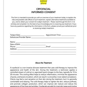 Cryofacial Consent Form Esthetician Facial Informed Consent Template ...