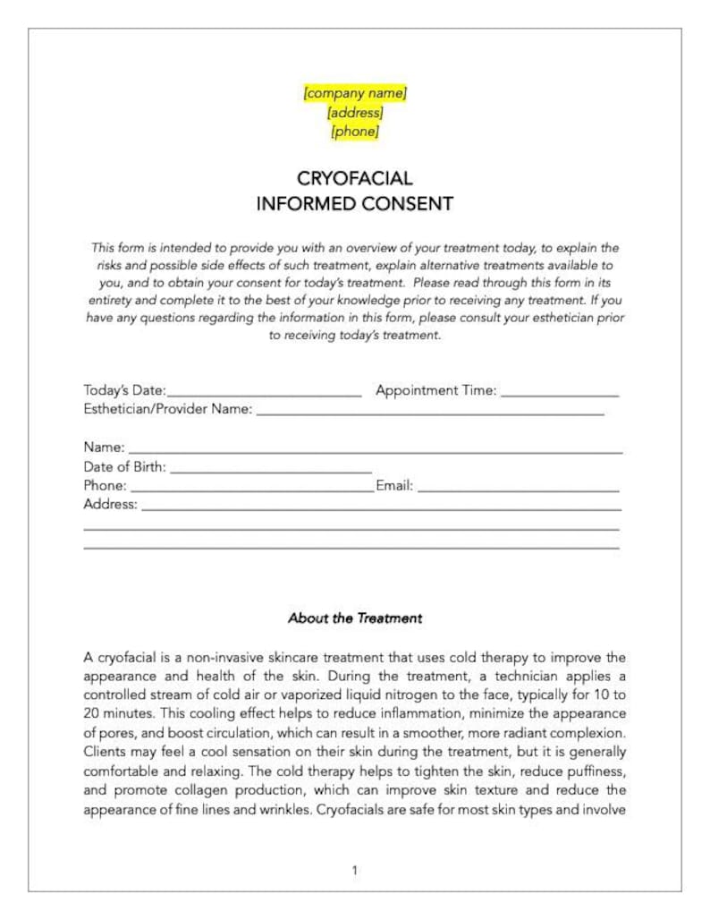 Cryofacial Consent Form Esthetician Facial Informed Consent Template ...